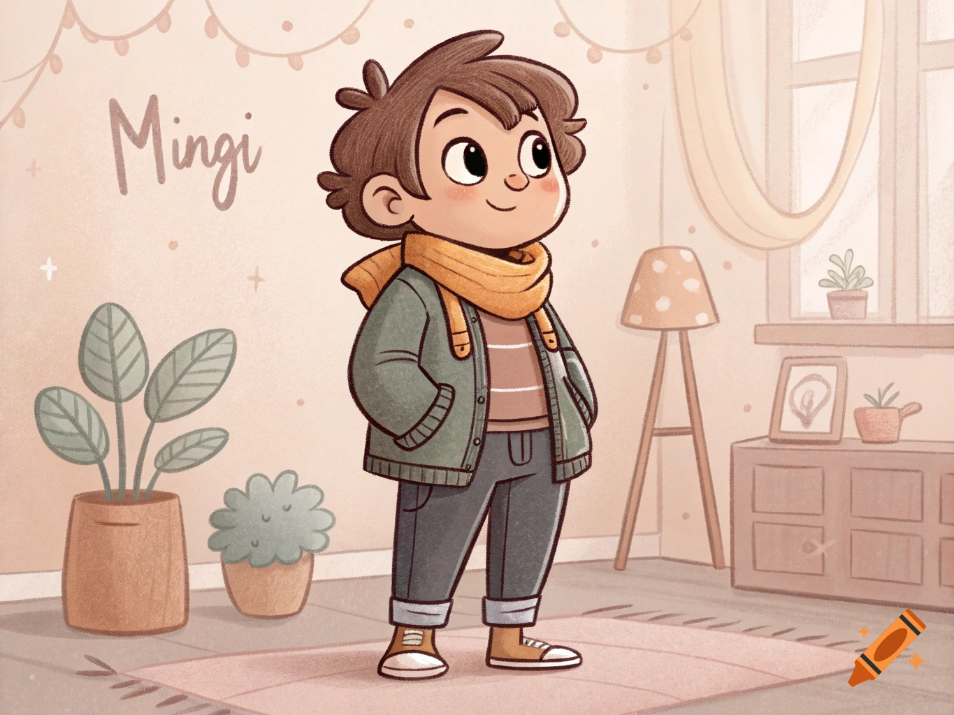 Cartoon illustration of a boy named Mingi standing in a cozy room. on ...