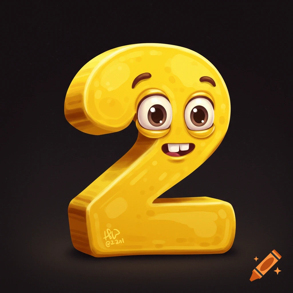 A cartoon yellow number 2 with eyes and a mouth. on Craiyon