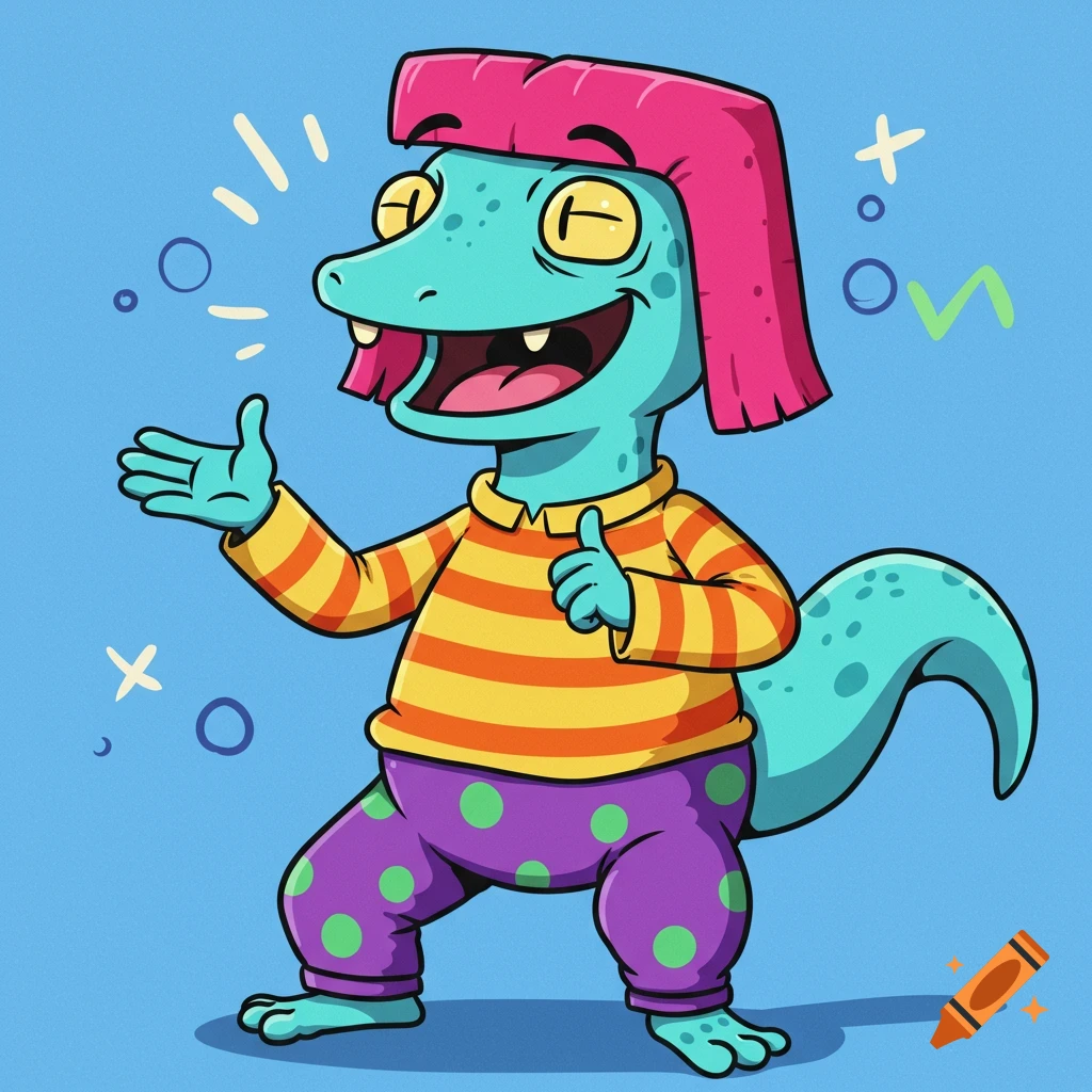 A cartoon lizard character with pink hair, orange striped shirt, and ...