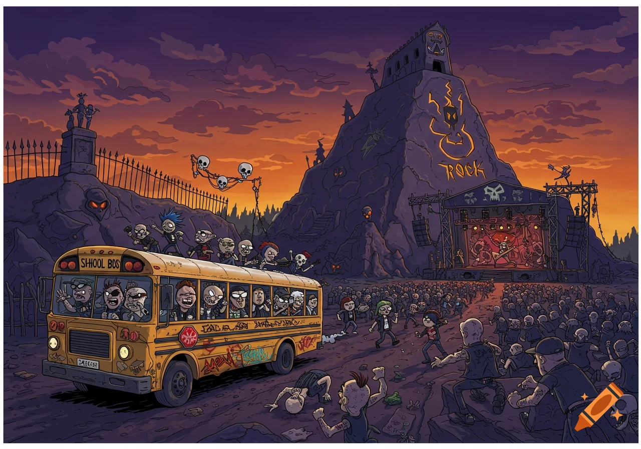 A dark cartoon image of a yellow school bus full of punk rockers ...