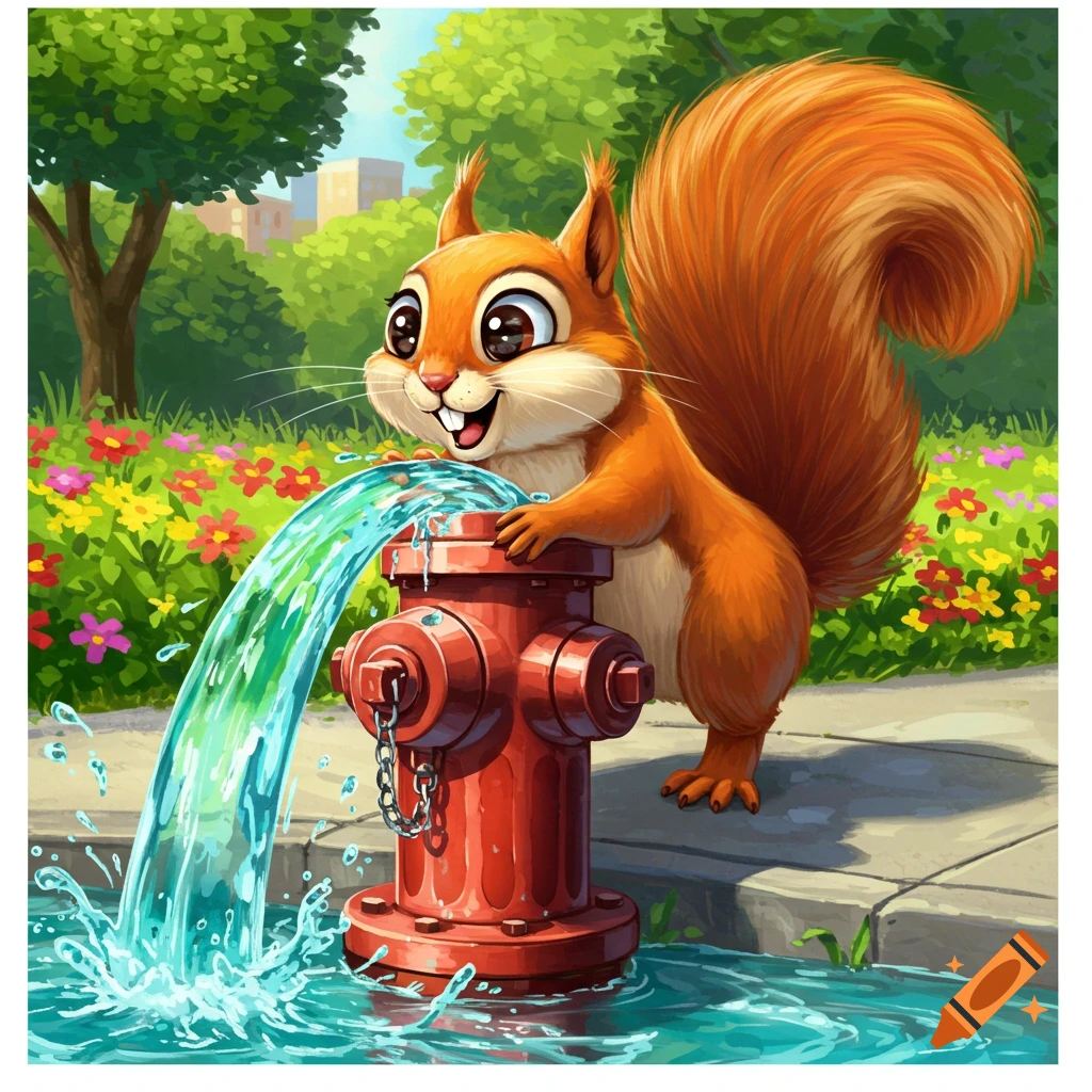 Cartoon squirrel drinking from a fire hydrant water stream in a park ...
