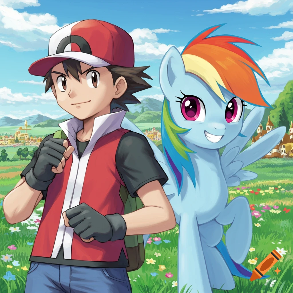 Pokemon trainer Red and Rainbow Dash stand together in a sunny field ...