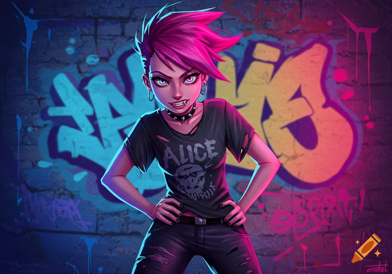 Illustration of a punk girl with pink hair wearing a ripped shirt ...
