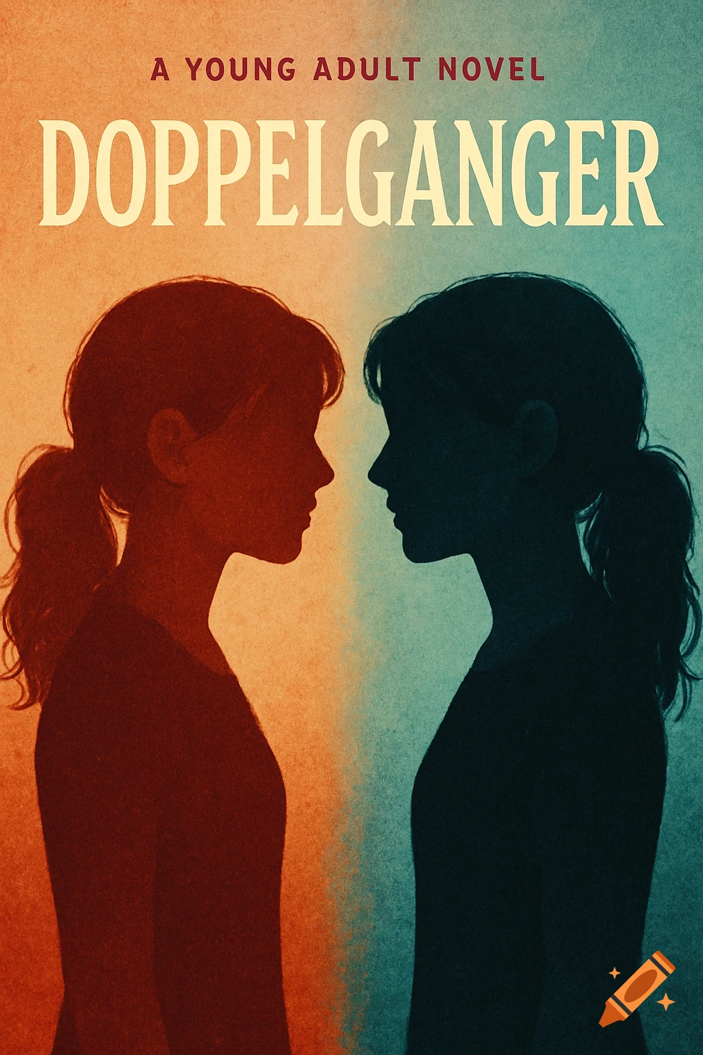 Book cover with silhouettes of two girls facing each other, split ...