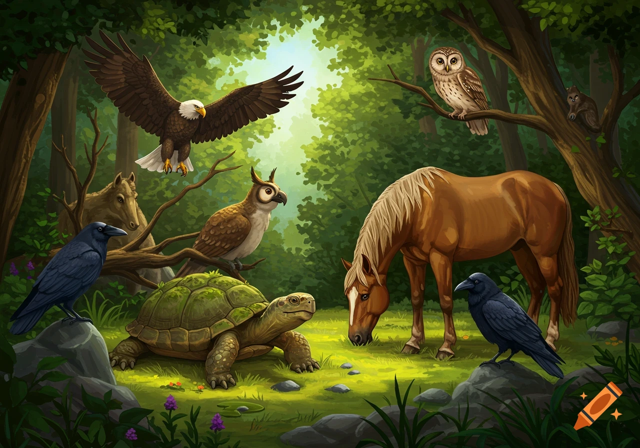 Various animals including a turtle, horse, eagle, owls, and ravens in a ...