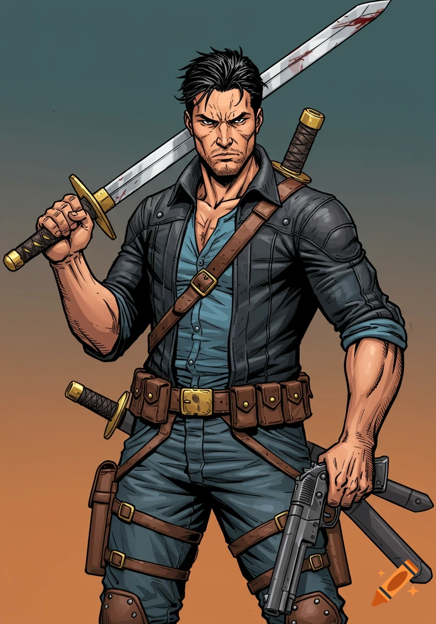 Comic art of a man holding two swords and a gun. on Craiyon