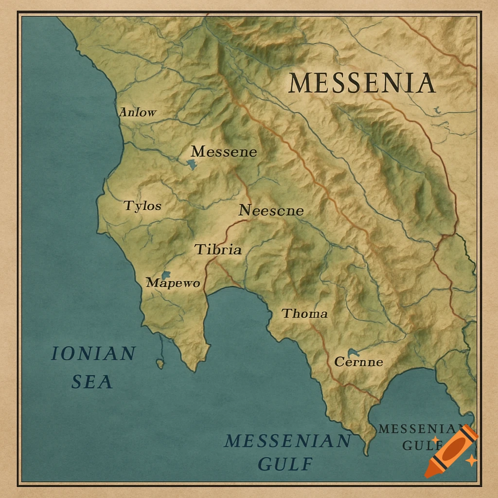 A topographic map showing Messenia, the Ionian Sea, and the Messenian ...