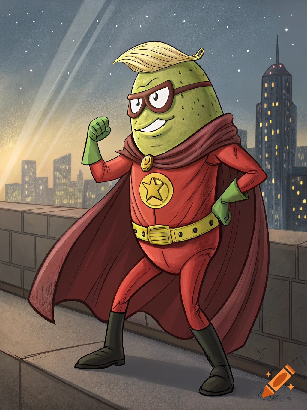 Cartoon superhero pickle with blonde hair and red costume stands on a ...