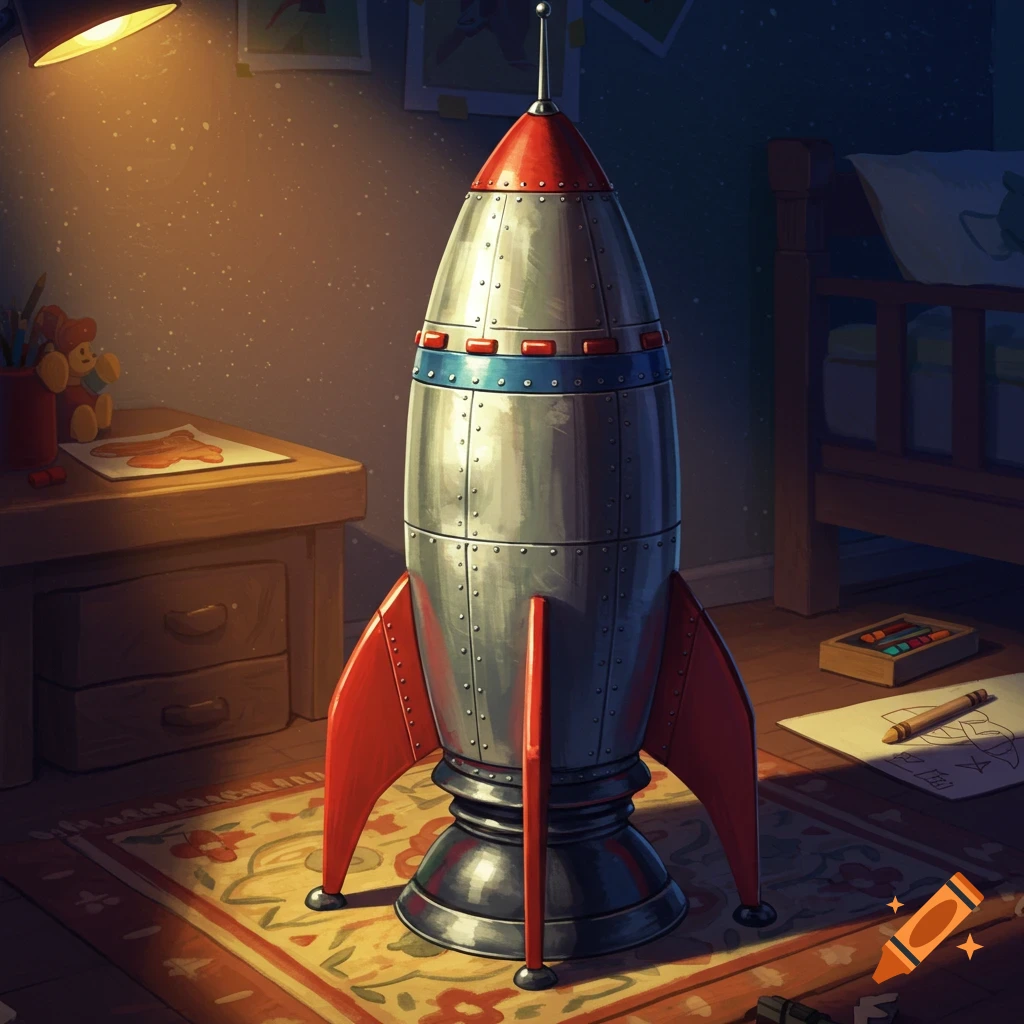 A large, vintage-style toy rocket ship sits on a rug in a child's ...