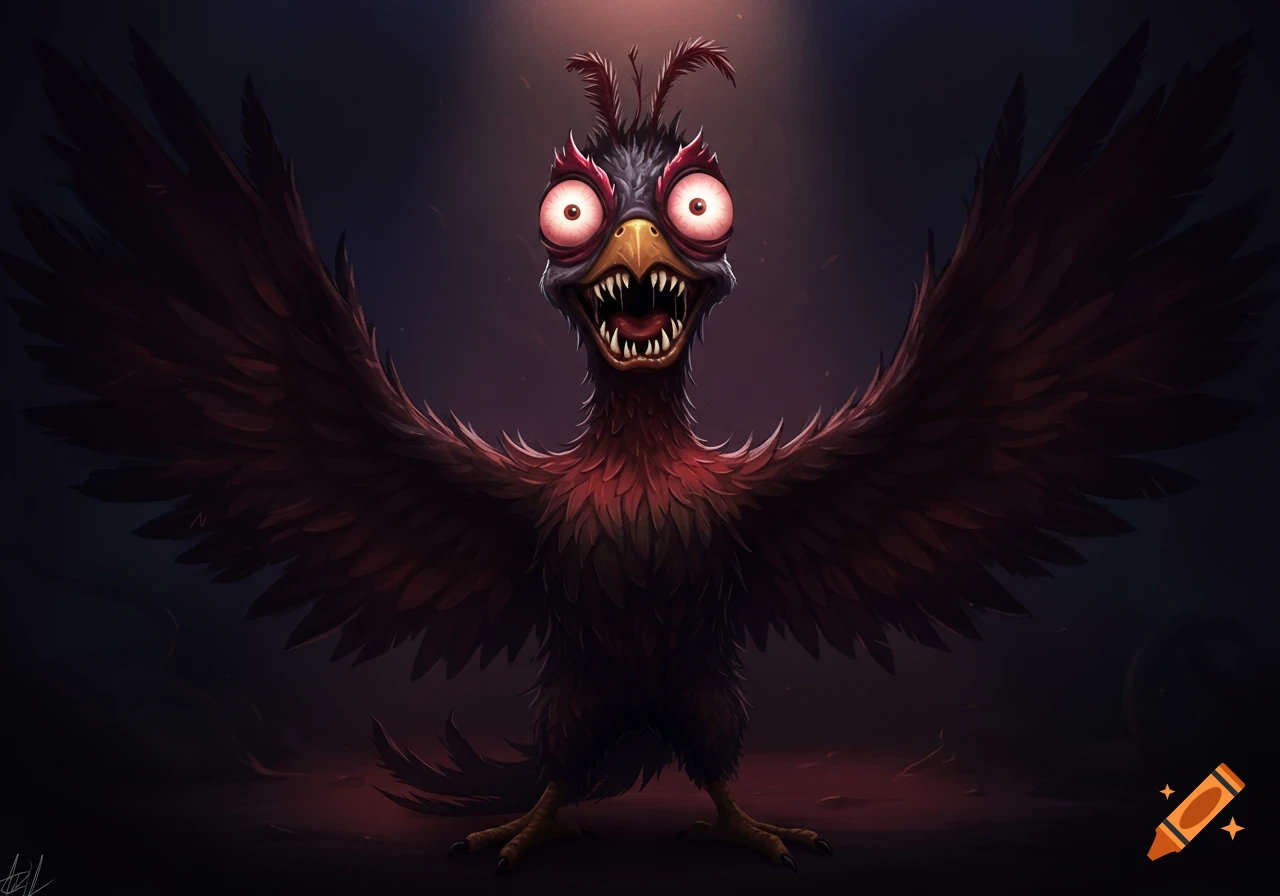 A cartoonish, scary red bird with wide eyes and sharp teeth stands with ...