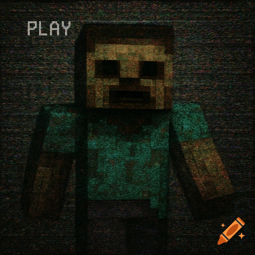 Minecraft Steve in a dark, static-filled VHS horror style with 'PLAY ...