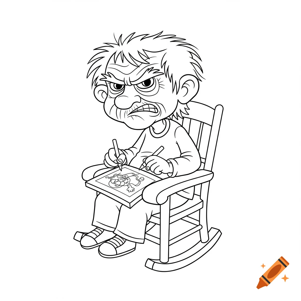 Black and white cartoon drawing of a grumpy old person in a rocking ...