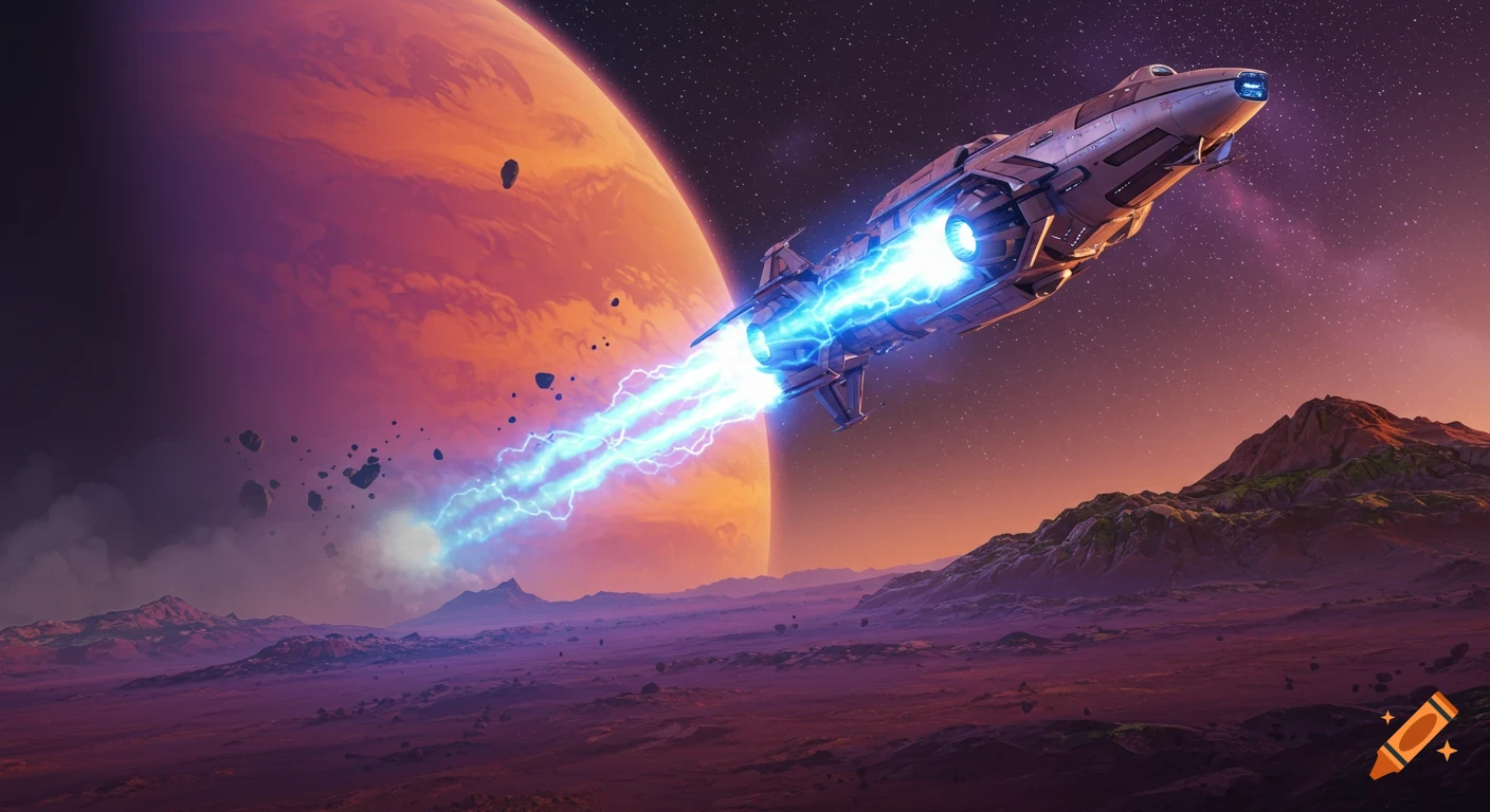 A futuristic spaceship flies away from a large red planet over a rocky ...