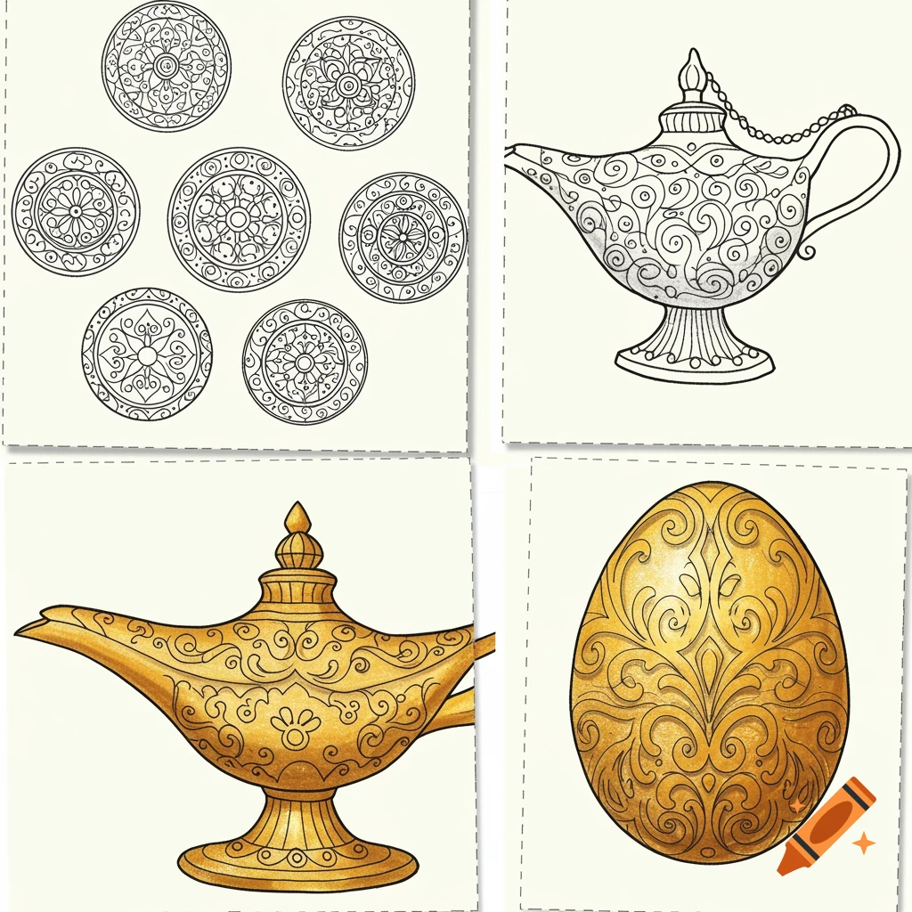 Four panels show coloring page designs: circular patterns, line art ...