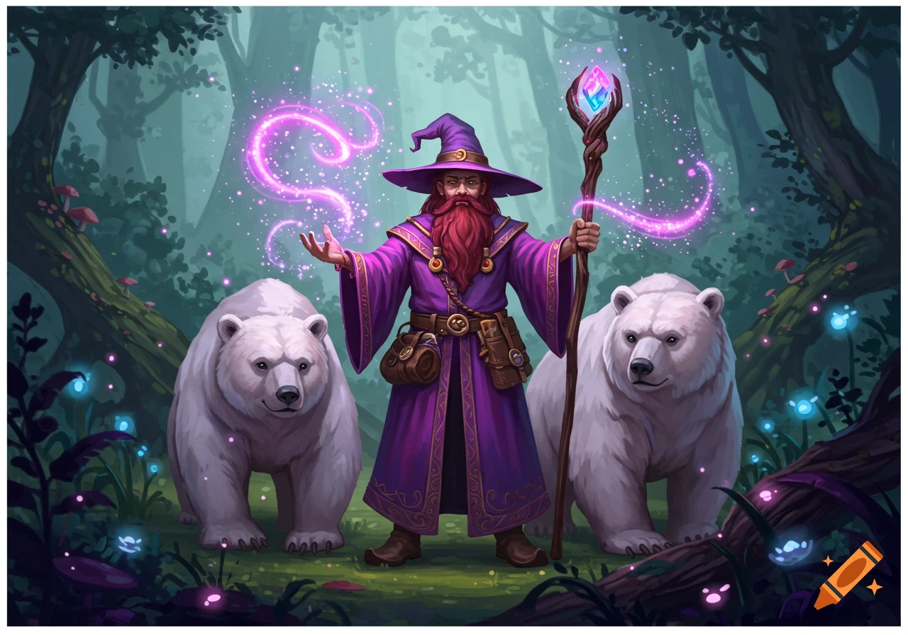 A wizard in a purple robe casts magic with a staff, flanked by two ...