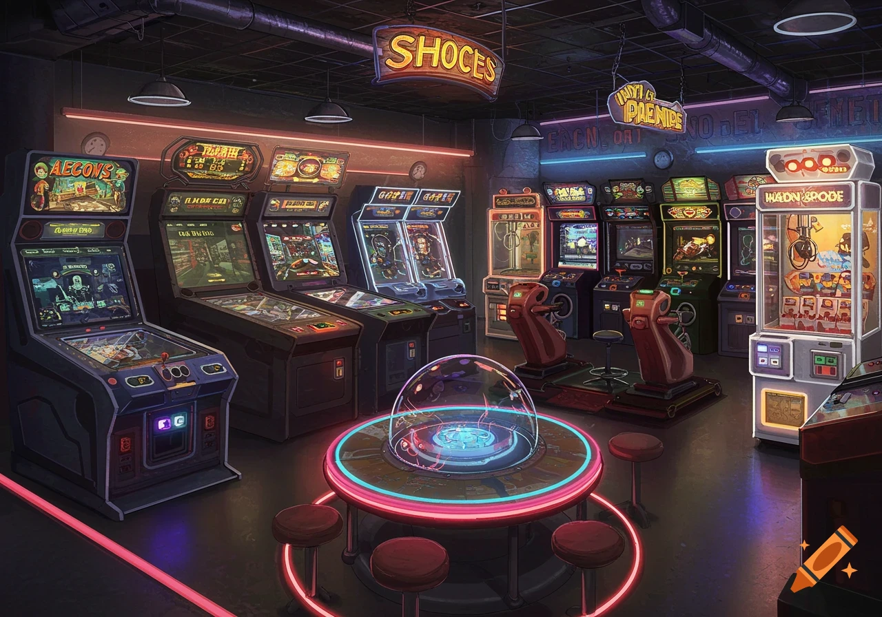 Stylized digital painting of a retro arcade with various game machines ...