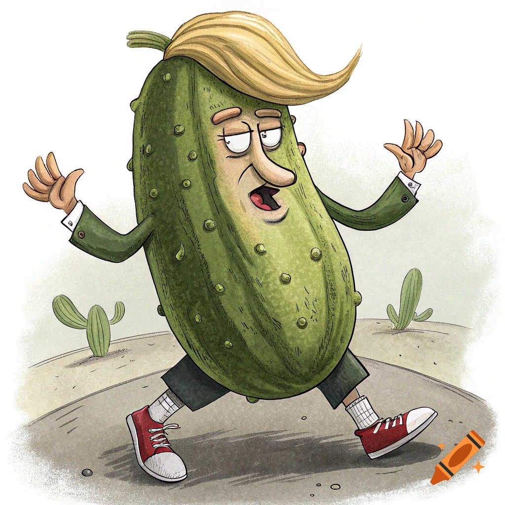 A cartoon illustration of a pickle with blond hair and a suit walking ...