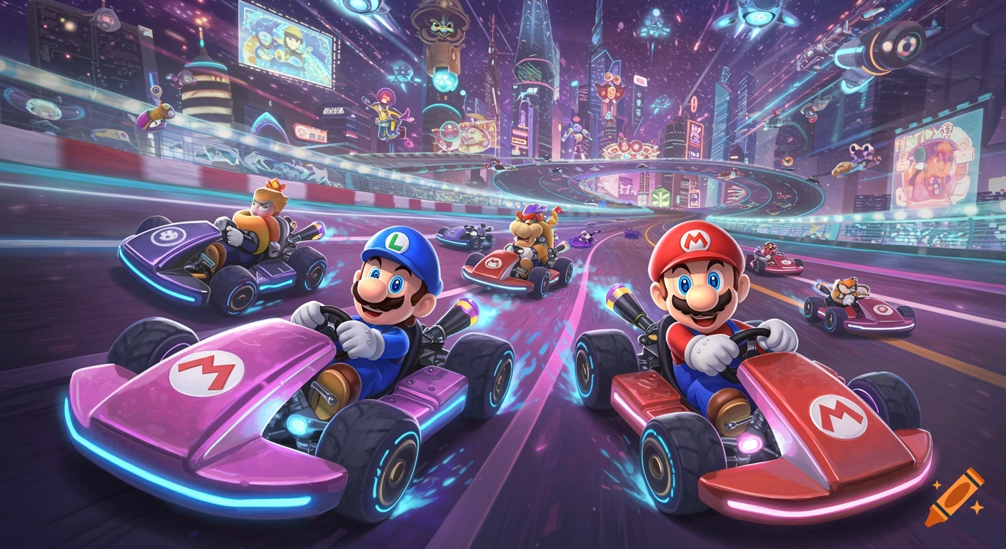 Mario and Luigi race karts in a vibrant futuristic city. on Craiyon