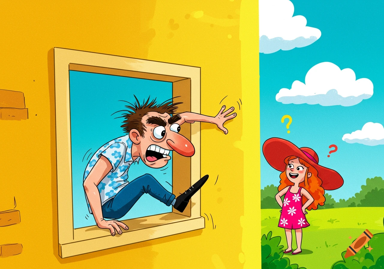 Cartoon of a man stuck trying to climb out a small window, reaching his ...