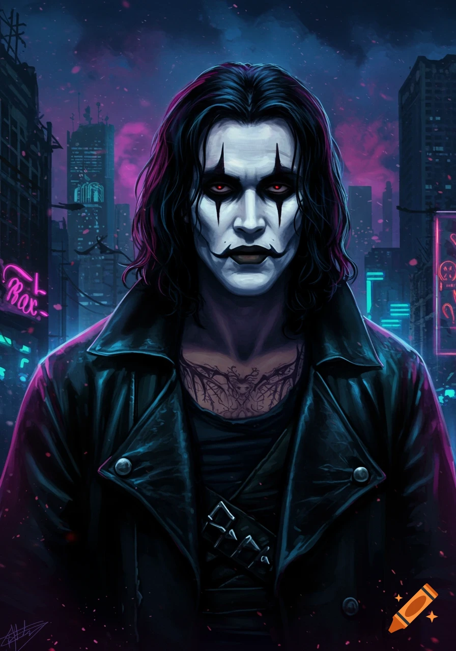 Illustration of a character resembling The Crow in a neon-lit cyberpunk ...