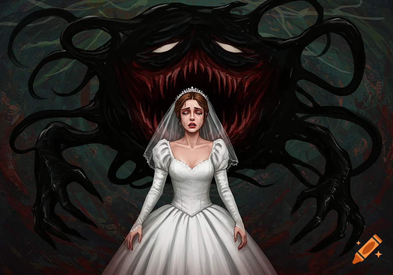 Crying bride stands before a monstrous black entity in a dark painting ...