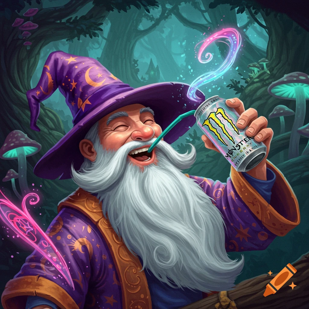 A happy wizard in a purple robe drinks from a Monster energy drink can ...