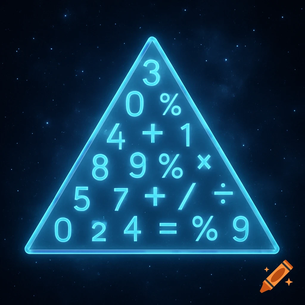 A glowing blue triangle filled with numbers and mathematical symbols against a starry space ...