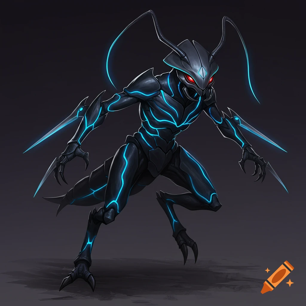 Dark insectoid creature with glowing blue lines and red eyes, wielding ...