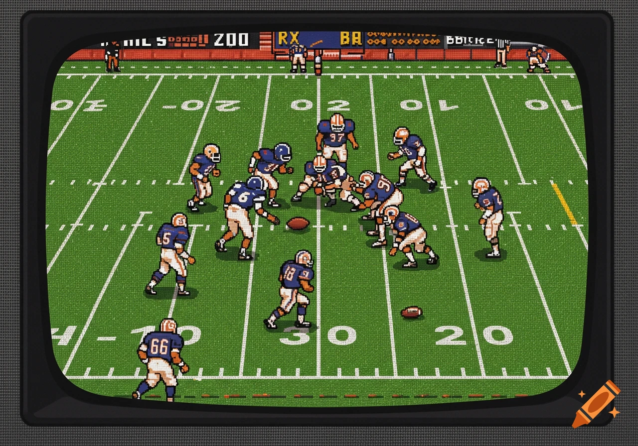 Pixelated American football game viewed on a vintage TV screen. on Craiyon