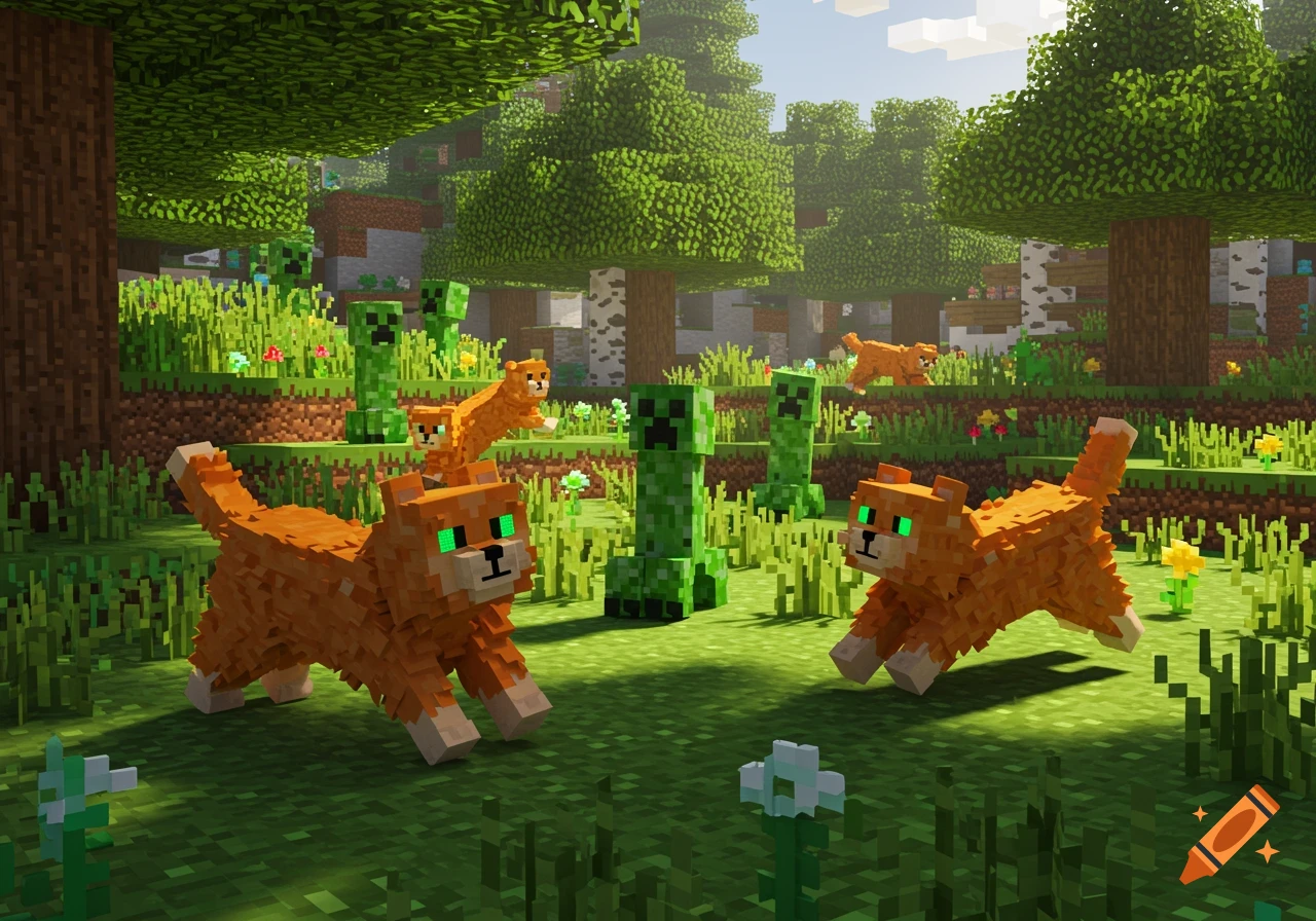 Minecraft scene with multiple orange cats and green Creepers in a ...
