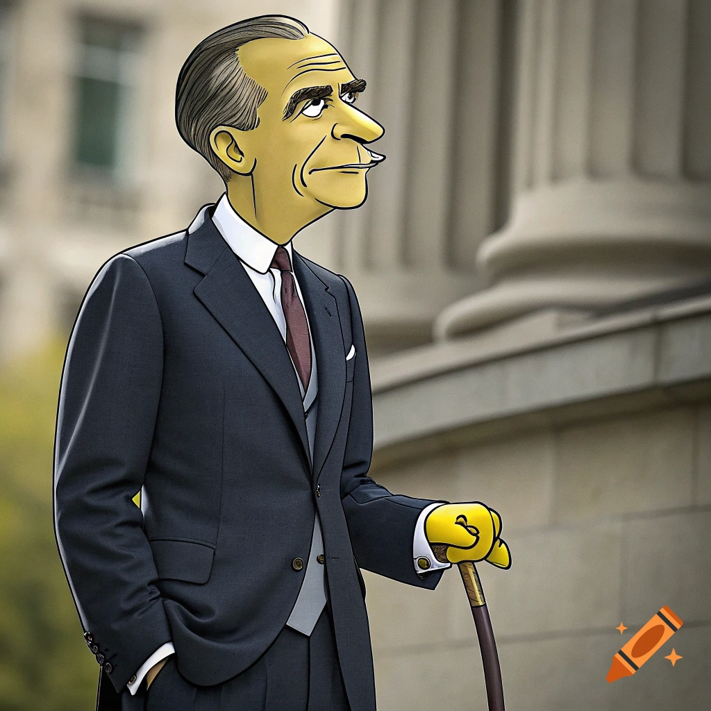 Cartoonish man in a dark suit holding a cane, standing outside in a ...