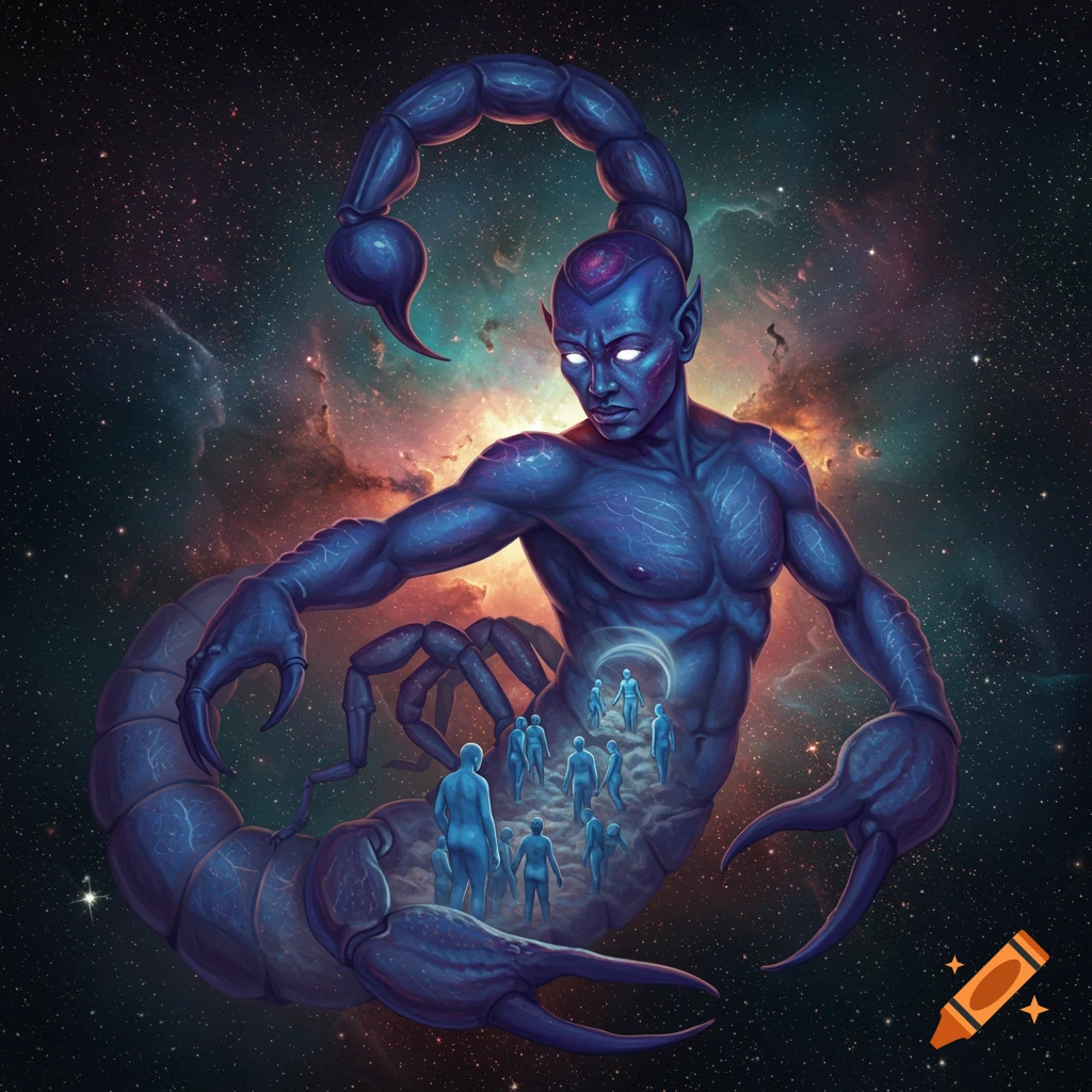 A humanoid scorpion creature against a cosmic background in a fantasy ...