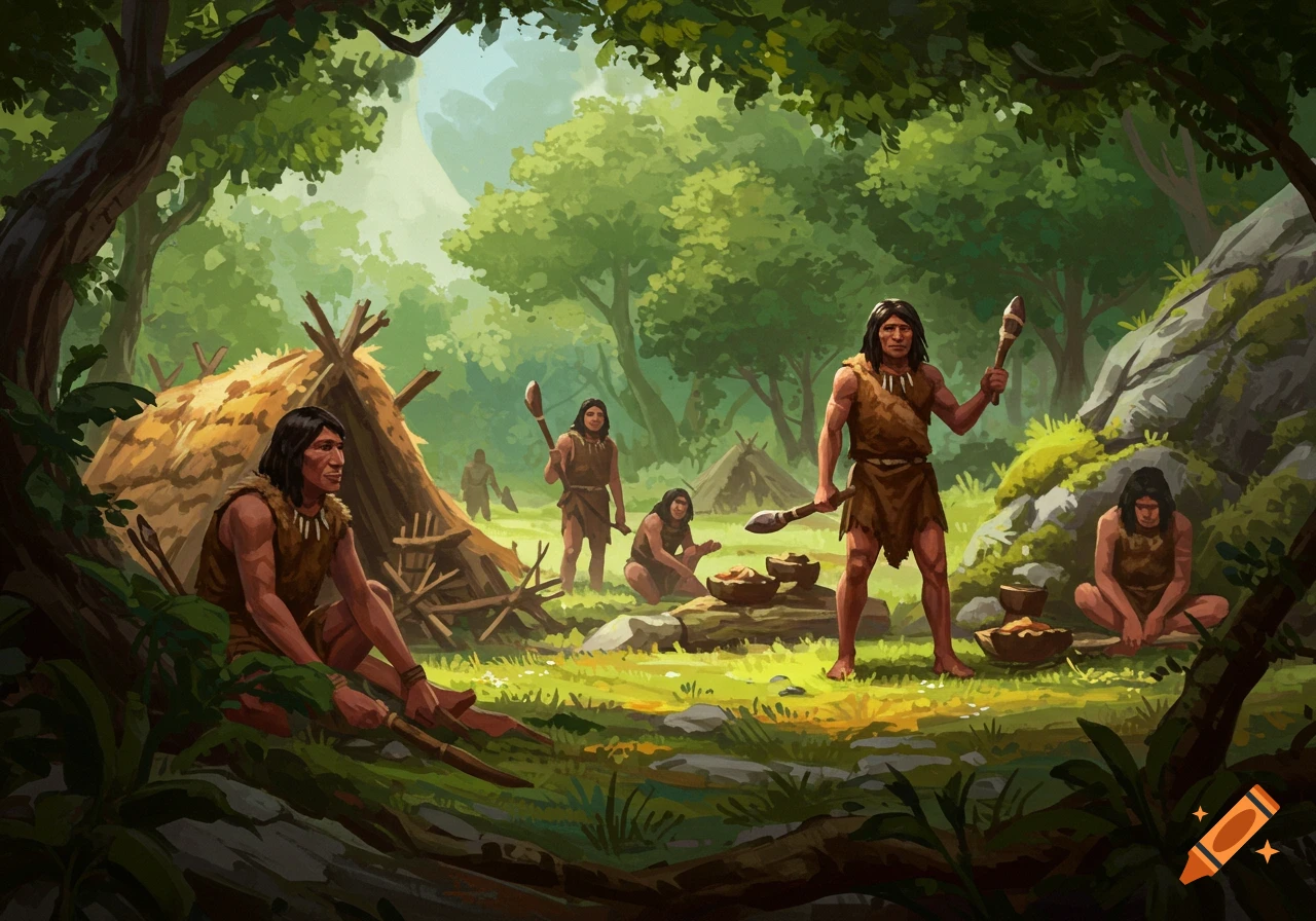 Illustration of prehistoric hunter-gatherers in a forest camp with huts ...