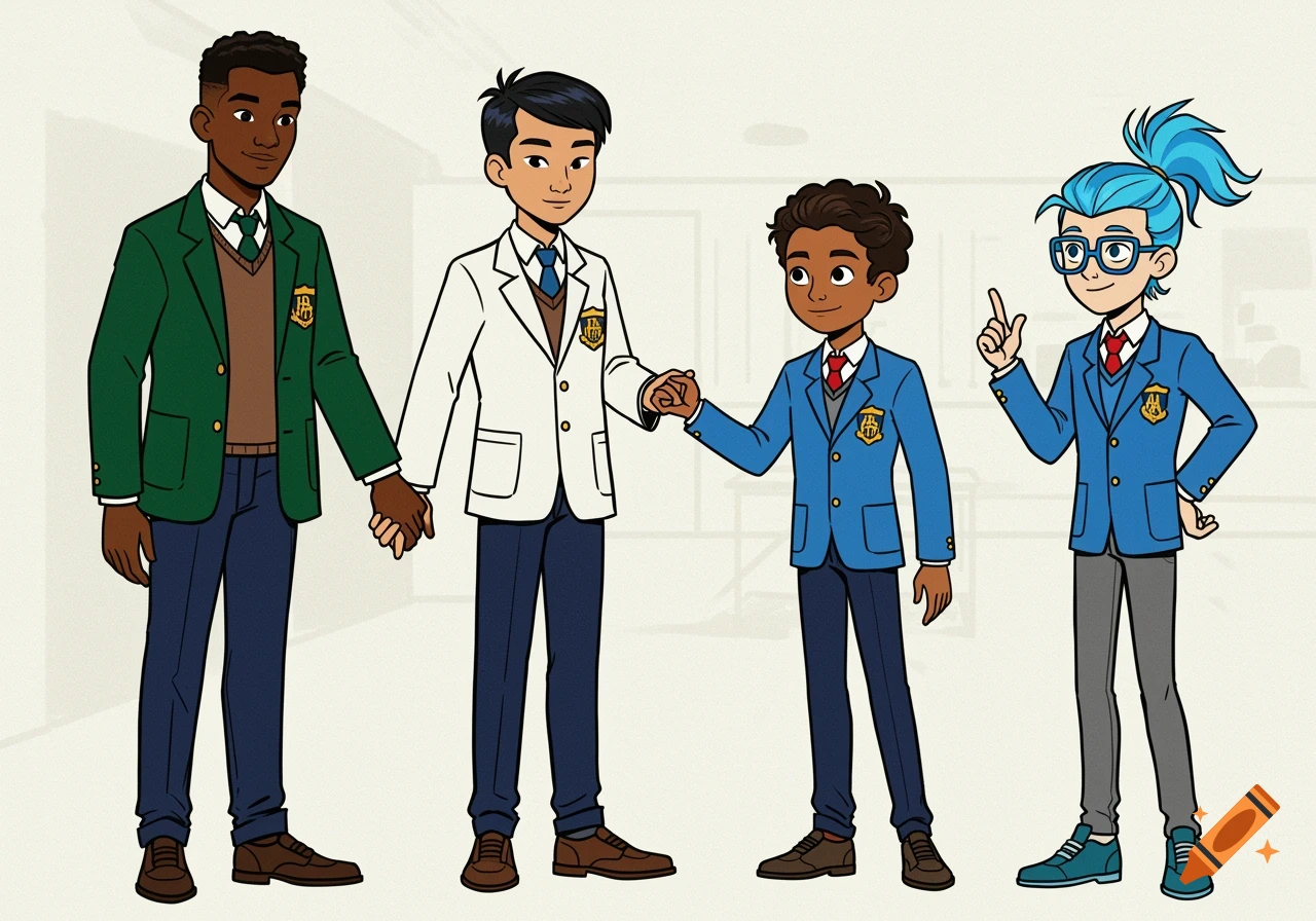 Illustration of four diverse teenagers in school uniforms standing ...