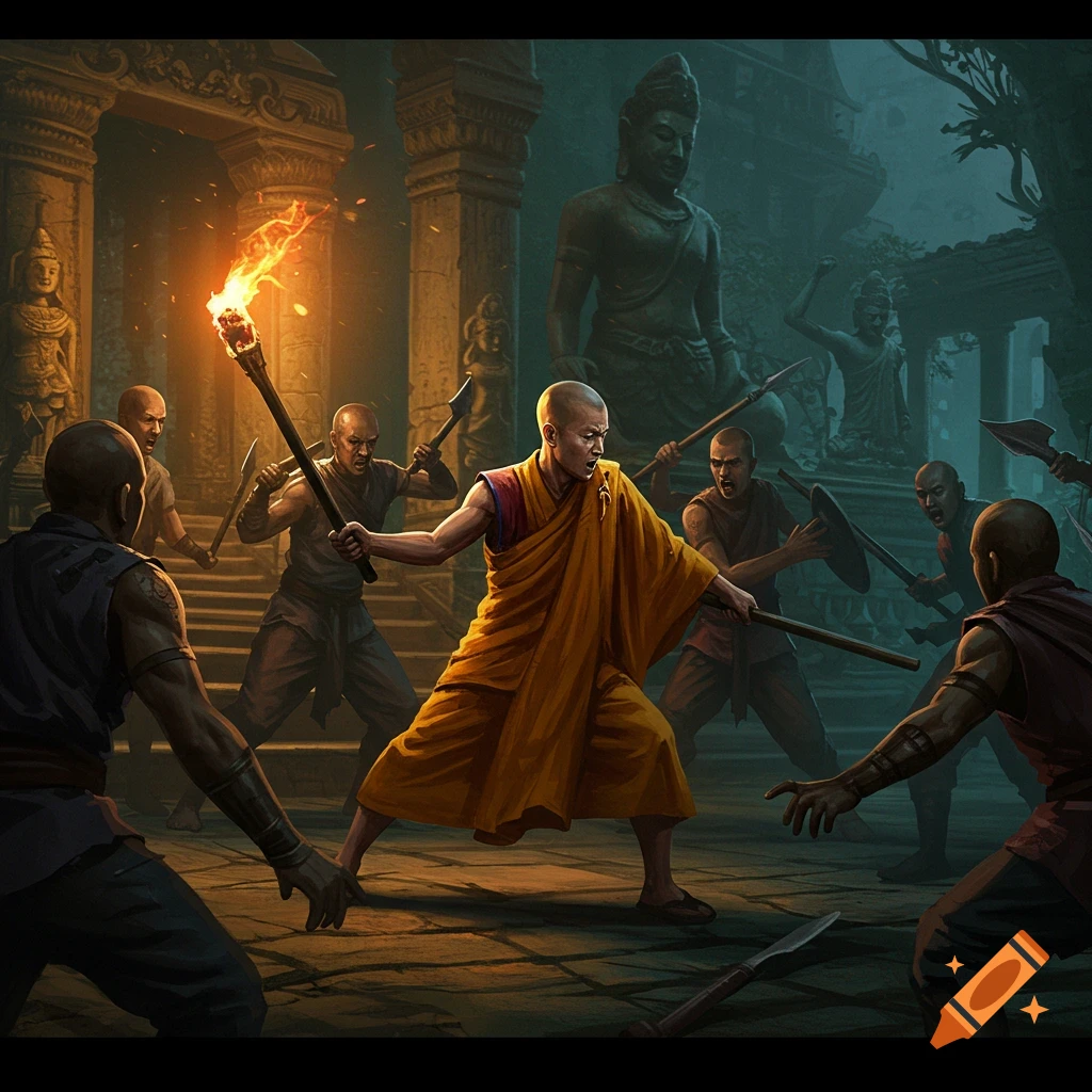 Monk fighting enemies in ancient ruins on Craiyon