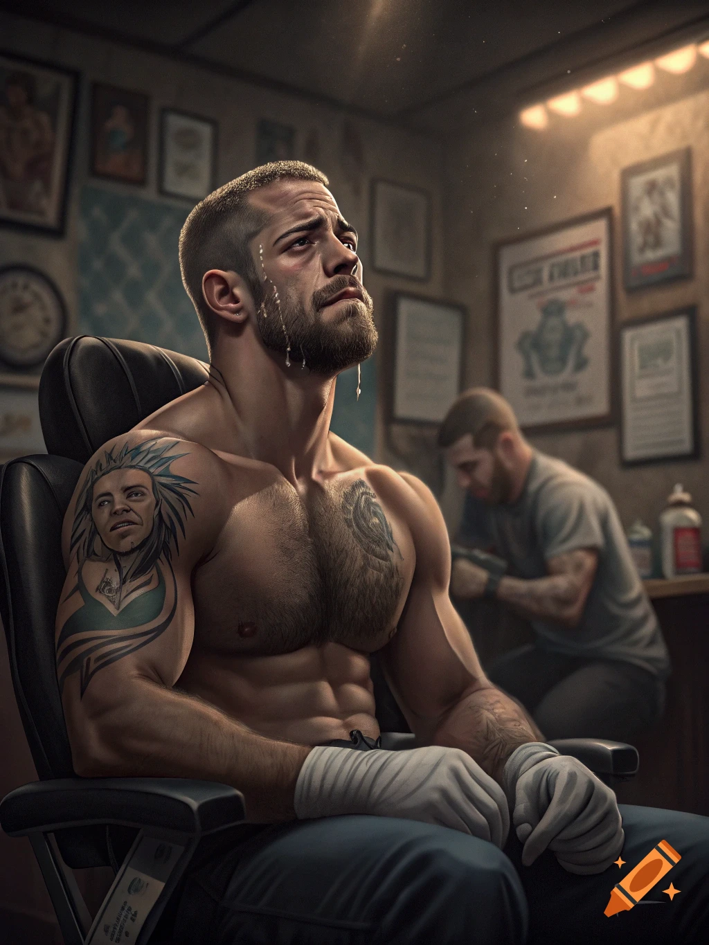 A muscular man crying while sitting in a chair getting a tattoo in a ...