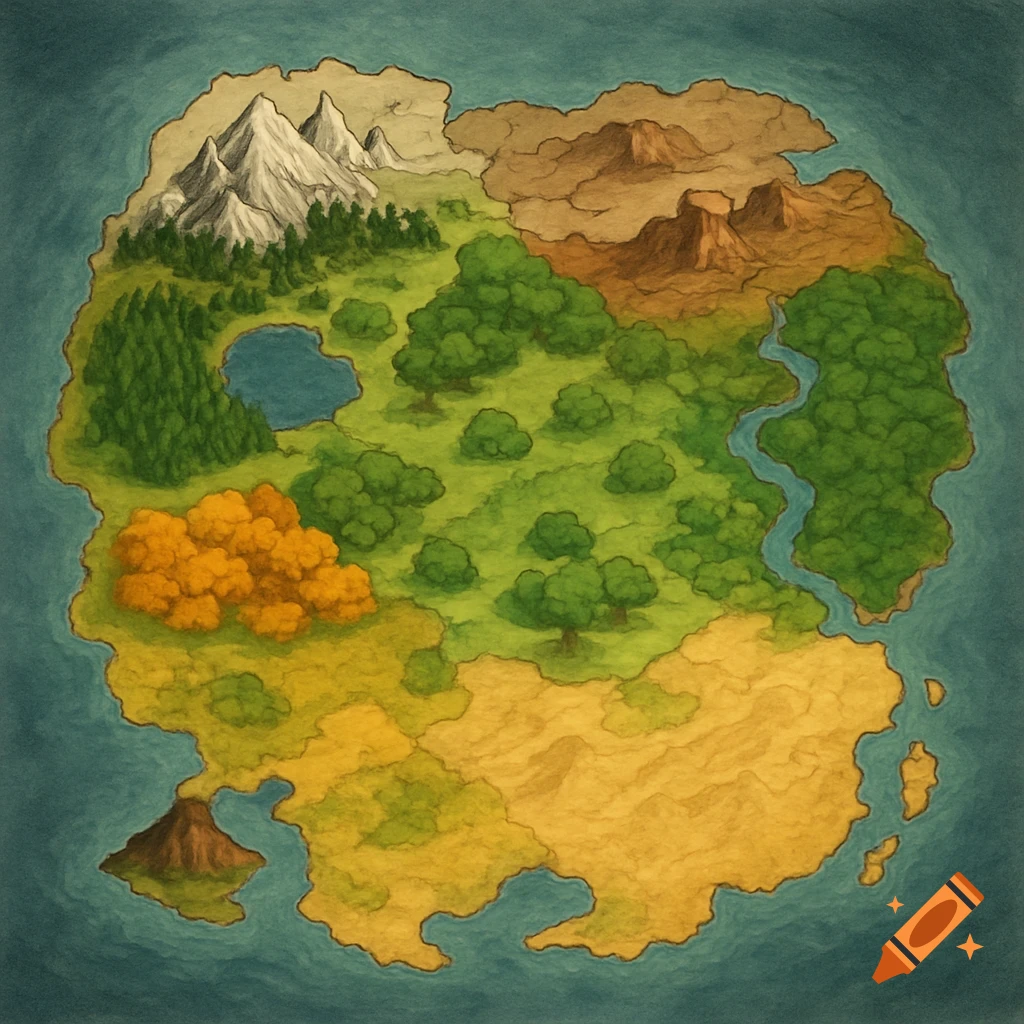 A fantasy map showing diverse biomes including mountains, forests ...