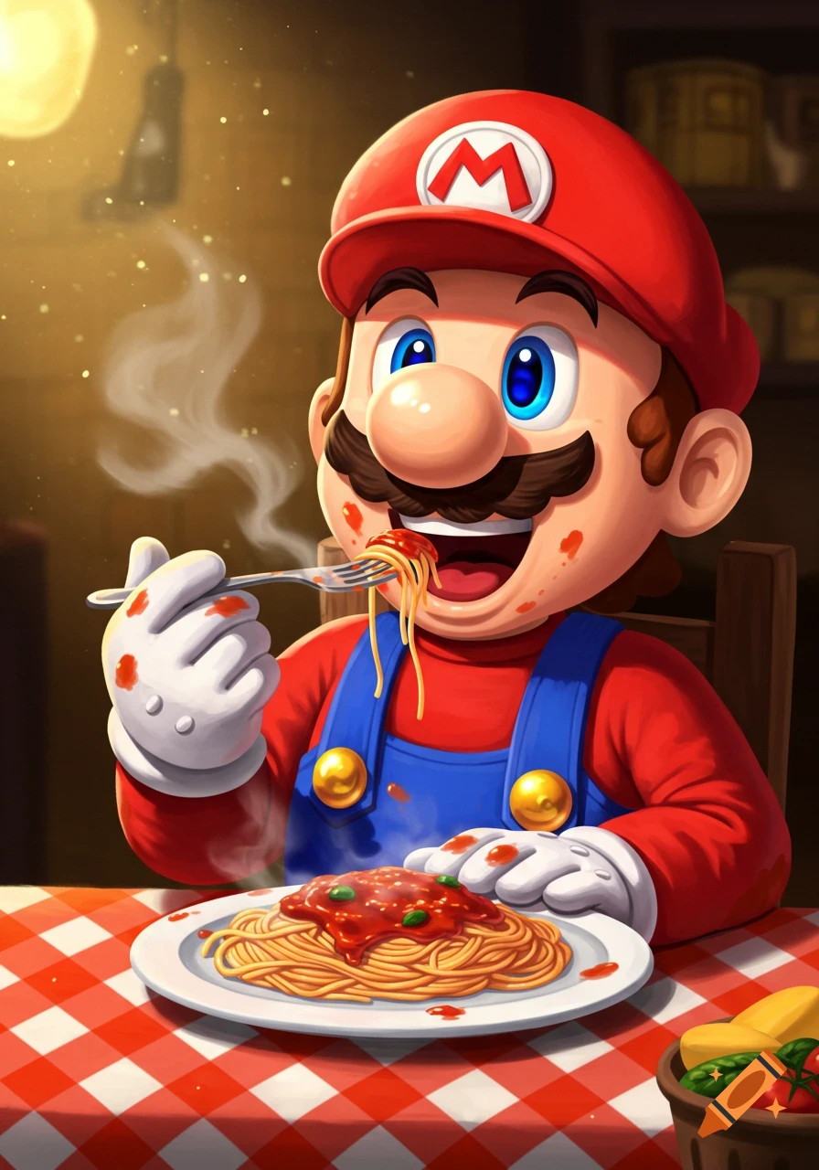 Illustration of Mario eating spaghetti at a checkered table. on Craiyon