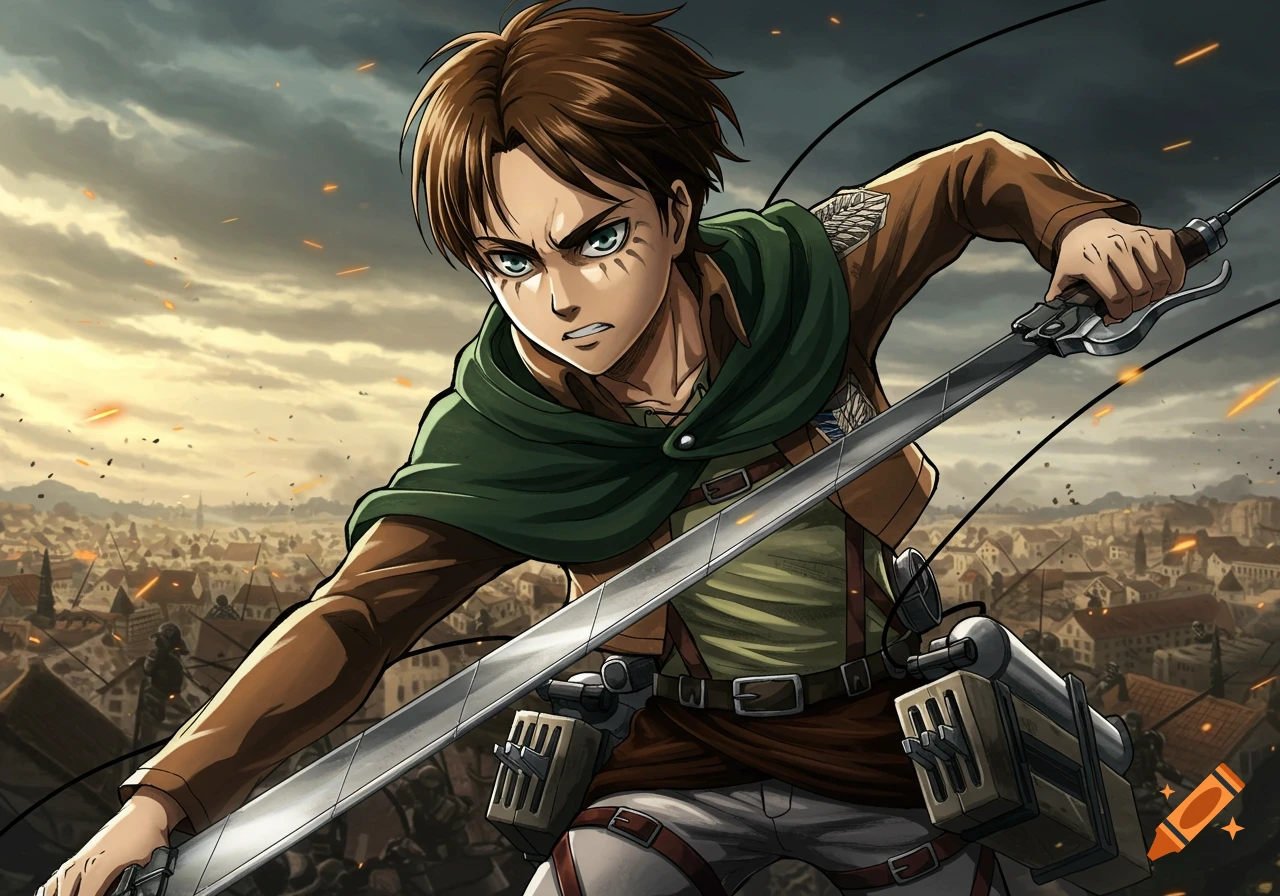 Eren Yeager in Attack on Titan gear holds swords in a battle scene ...