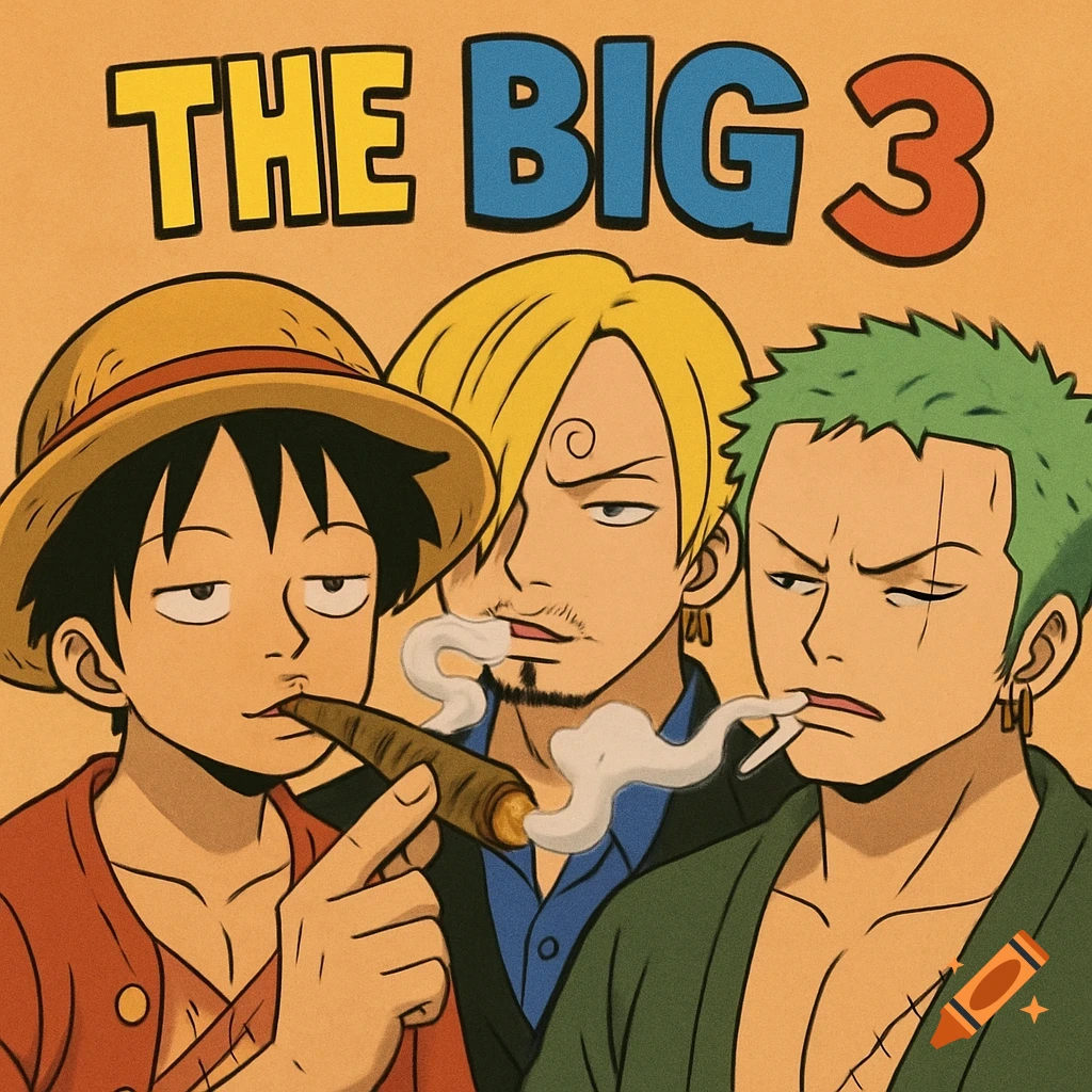 Anime illustration of Luffy, Sanji, and Zoro smoking under 'THE BIG 3 ...