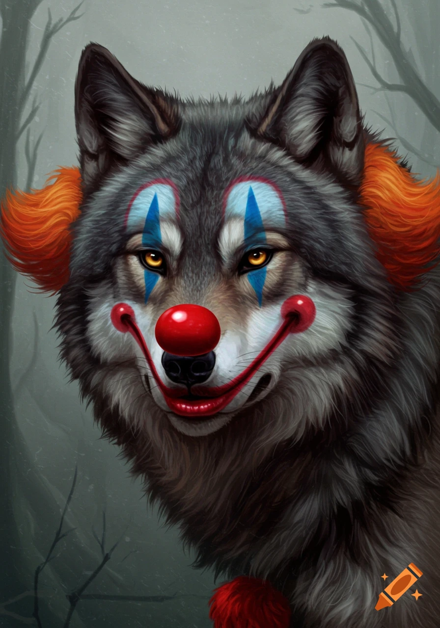 Close-up digital painting of a wolf wearing clown face paint, red nose ...
