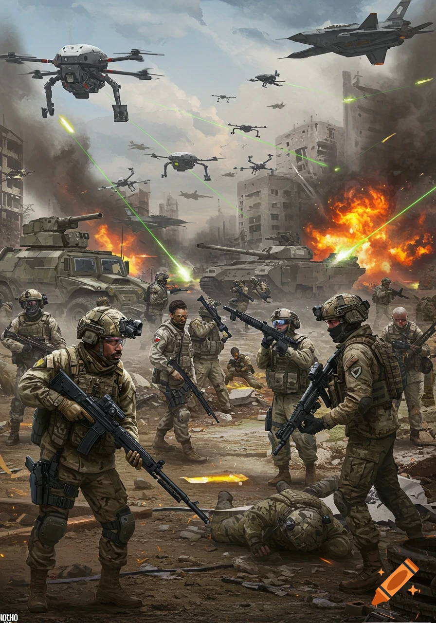A futuristic battle scene with soldiers, tanks, drones, and explosions ...