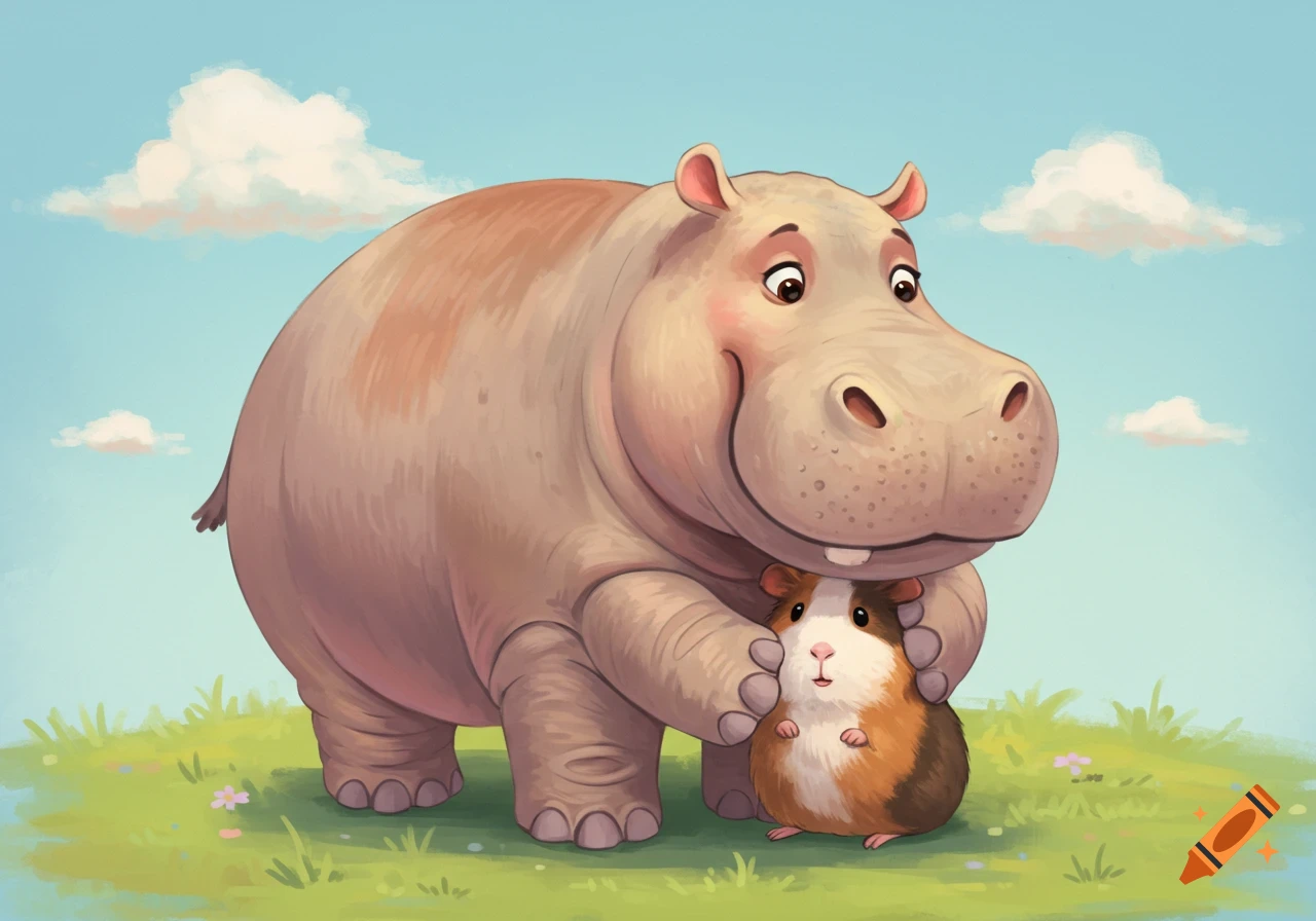 Illustration of a hippo hugging a guinea pig in a field. on Craiyon