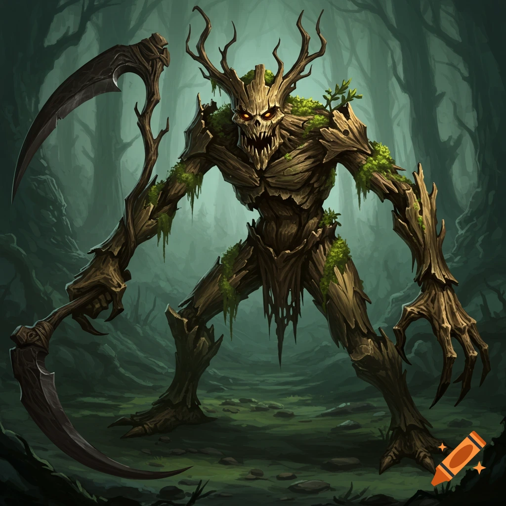 A scary wood monster with glowing eyes holds a scythe in a dark forest ...