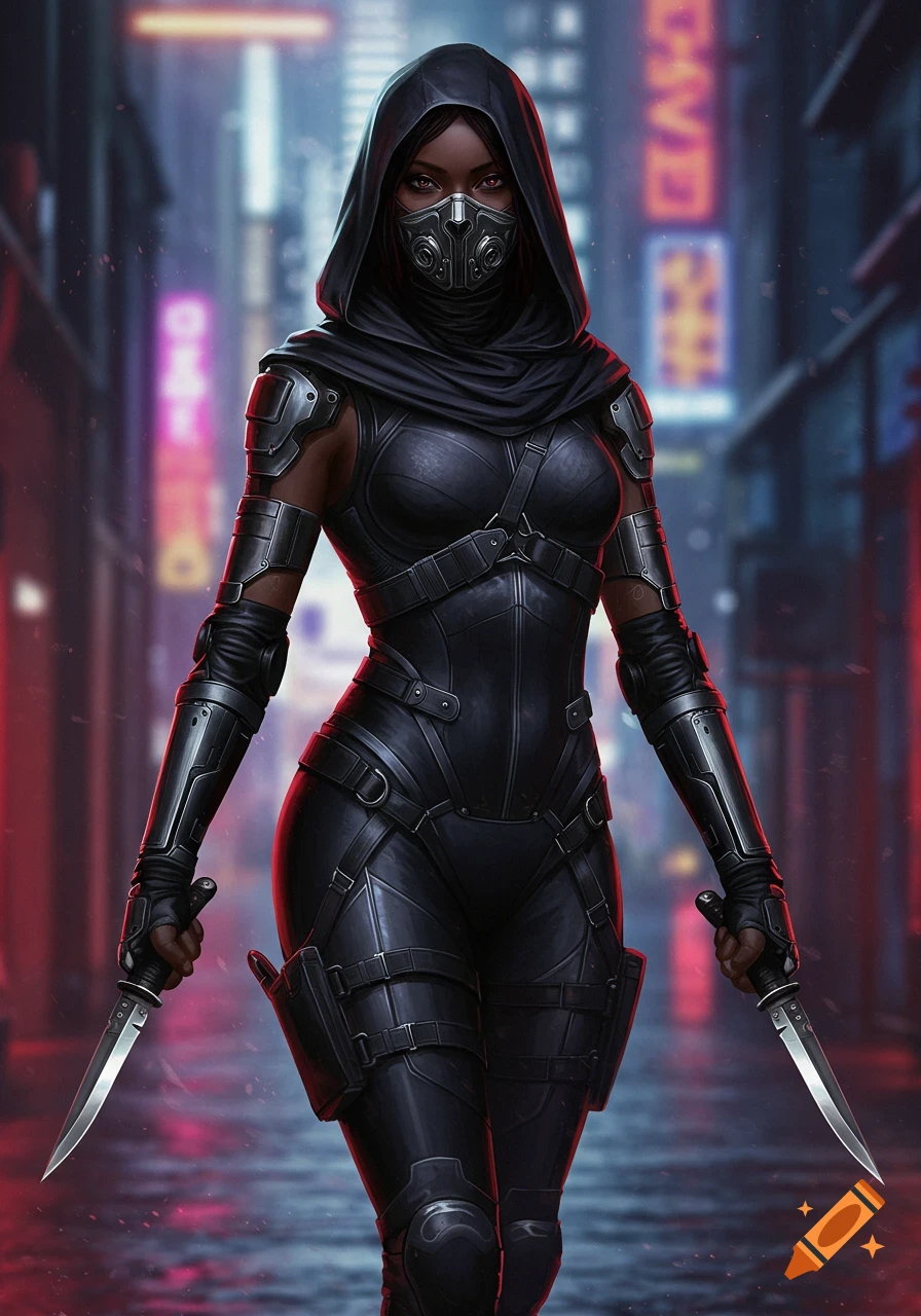 A woman in a black tactical suit with a hood and mask holds two knives ...