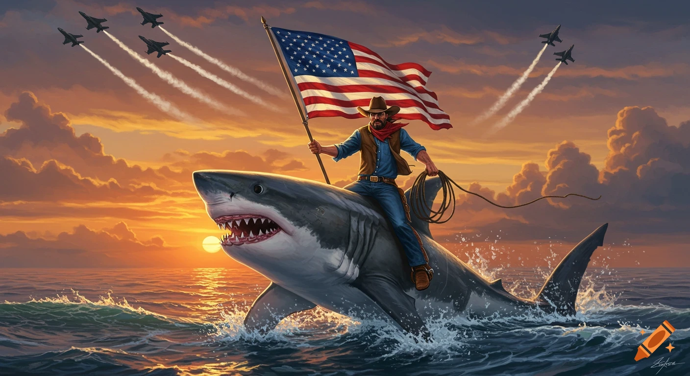 Cowboy rides a shark with American flag as fighter jets fly over a ...
