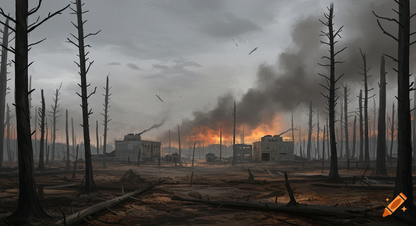 Burnt forest and damaged military base under a cloudy sky. on Craiyon