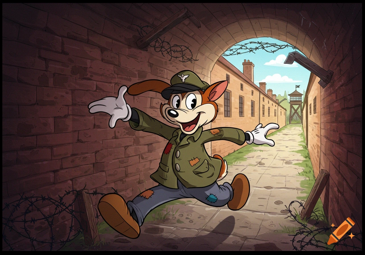Cartoon animal character escapes from a WWII-era prison camp. on Craiyon