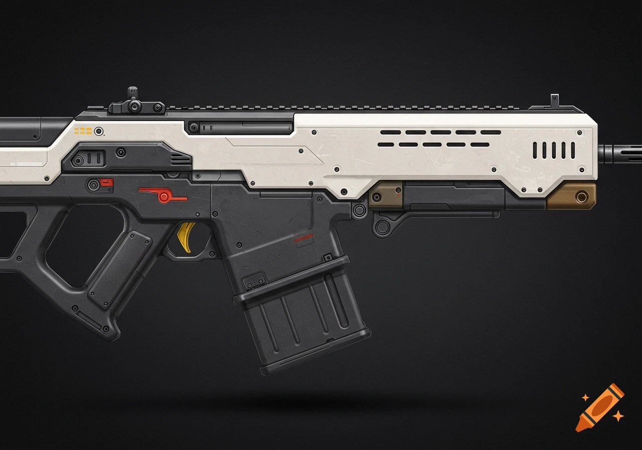 A side view of a futuristic rifle made of plastic and metal. on Craiyon