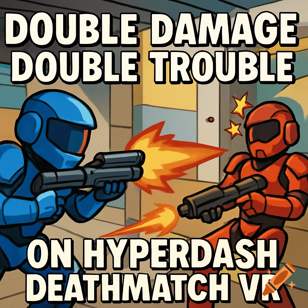 Cartoon illustration of two armored figures shooting, with text 'DOUBLE ...